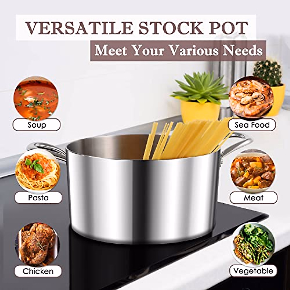 Herogo 6 Quart Stock Pot, 18/10 Stainless Steel Pasta Pot with Lid, 6 QT Cooking Pot with Handles, Tri-Ply Stockpot for Induction Gas Electric Stove, Dishwasher Safe