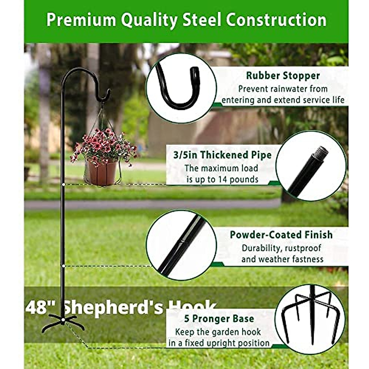 MAXZONE Outdoor Shepherd Hook with 5 Prong Base, Bird Feeder Pole Stand, Adjustable Heavy Duty Garden Hanging Stake for Solar Light Plant Hanger Wedding Decor, Matte Black (48in- 2Pack)
