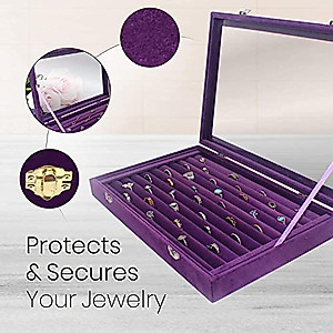 Ring Organizer Display Case ~ 11 Rows Multiple Ring Holder ~ Jewelry Tray Organizer With Studs ~ Ring & Earring Holder Storage Box For Shows With Transparent Lid (Purple)