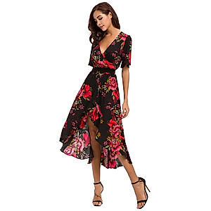 Kormei Womens Short Sleeve Floral High Low V-Neck Flowy Party Long Maxi Dress L Black&Red