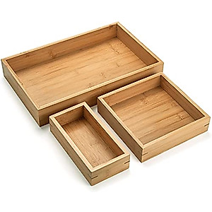 Bamboo Tray, Bathroom Vanity Tray, Wood Counter Tray, Natural Wooden Basket Tray Organizer for Bathroom/Kitchen Countertop, Set of 3