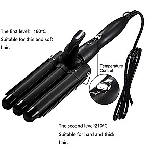 Tourmaline Ceramic 3 Barrel Curling Iron and Waver, 1 Inch - Mermaid Beach Waves, Heat Up Quickly, Black