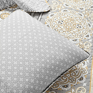 Lush Decor Nesco Stripe Reversible Cotton 3 Piece Quilt Set, King, Yellow & Gray