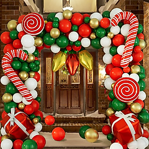 DBKL Balloons 152Pcs Garland Kit for Christmas, Red, White, Green, Gold, Candy Cane, Gift Box, Light Bulb Foil Balloons, Decorations, Party Supplies