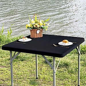 Nacuci Square Fitted Table Cover Elastic Tablecloth Stretch Spandex Table Top Cover Table Topper Cap for Dining Kitchen Home Party Black 34X34 Inch