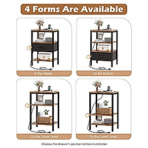 SUPERJARE Nightstand with Charging Station, Bed Side Table with Adjustable Fabric Drawer, Night Stand for Bedroom, 3-Tier Storage End Table, for Living Room - Rustic Brown