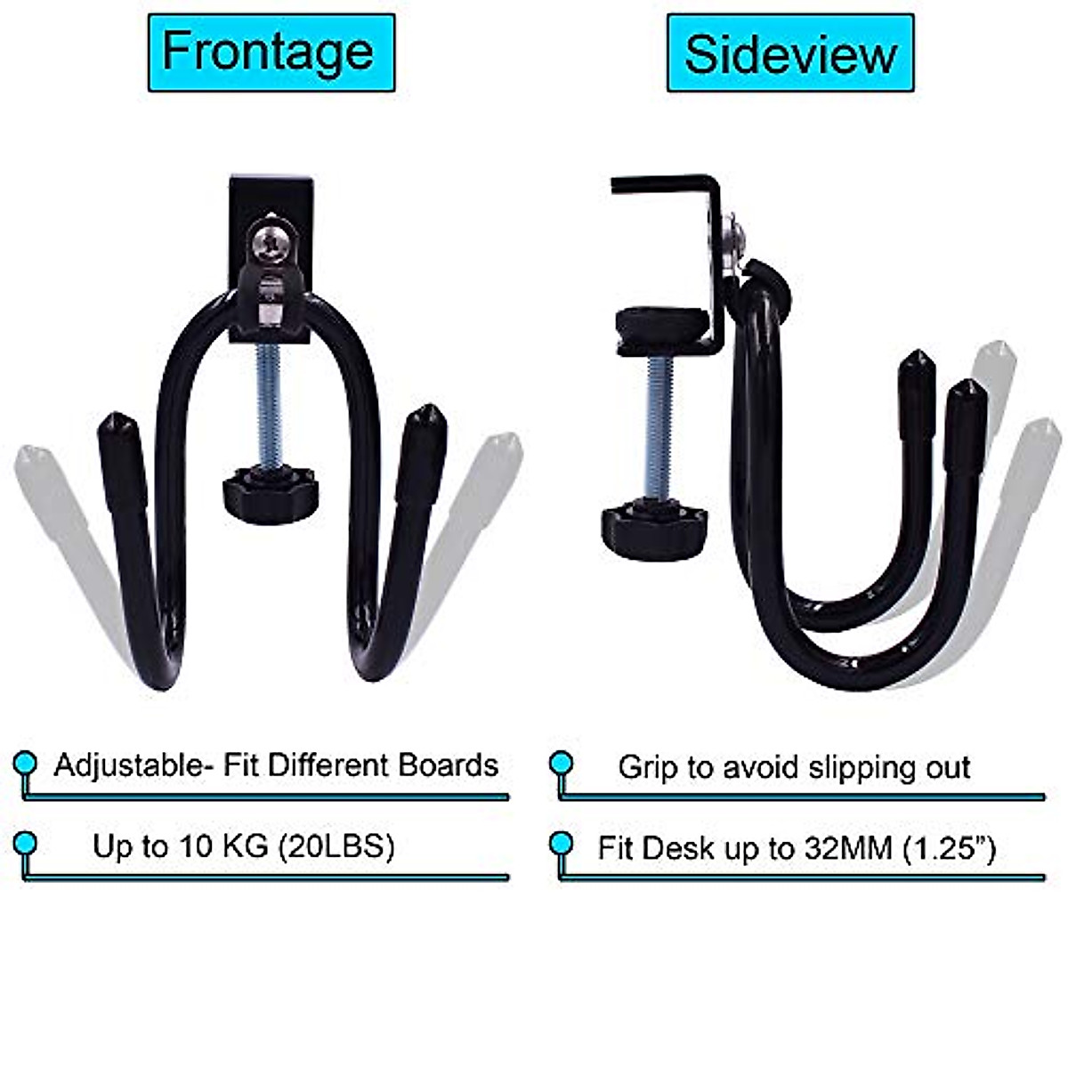 YYST Desk Store Clamp-On Skateboard Holder/Skateboard Hook/Mini Cruiser Hanger | Provides a Convenient Place to Hang Skateboard or Longboard to Reduce Clutter (20 lb. Capacity)- No Board (2)