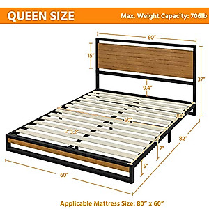 Yaheetech 37 Inch Solid Pine Wood Platform Bed Frame with Headboard Solid Wood & Steel Construction No Box Spring Needed Wood Slat Support Easy Assembly Chestnut Brown Queen