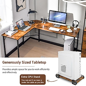 COSTWAY L-Shaped Desk with CPU Stand, 66 Inch Wooden Top Space-saving Corner Desk w/Metal Frame, Large Computer Gaming PC Desk, Writing Table Study Desk for Bedroom, Study, Office (Rustic Brown)