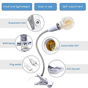 Clamp Light Socket,Clip Desk Lamp Socket,Clip Bulb Desk Lamp,Desk Light Adapter with Flexible Gooseneck,Clip on Light Socket with on/Off Switch,E26/E27 Clamp Light Bulb Stand (1PC)
