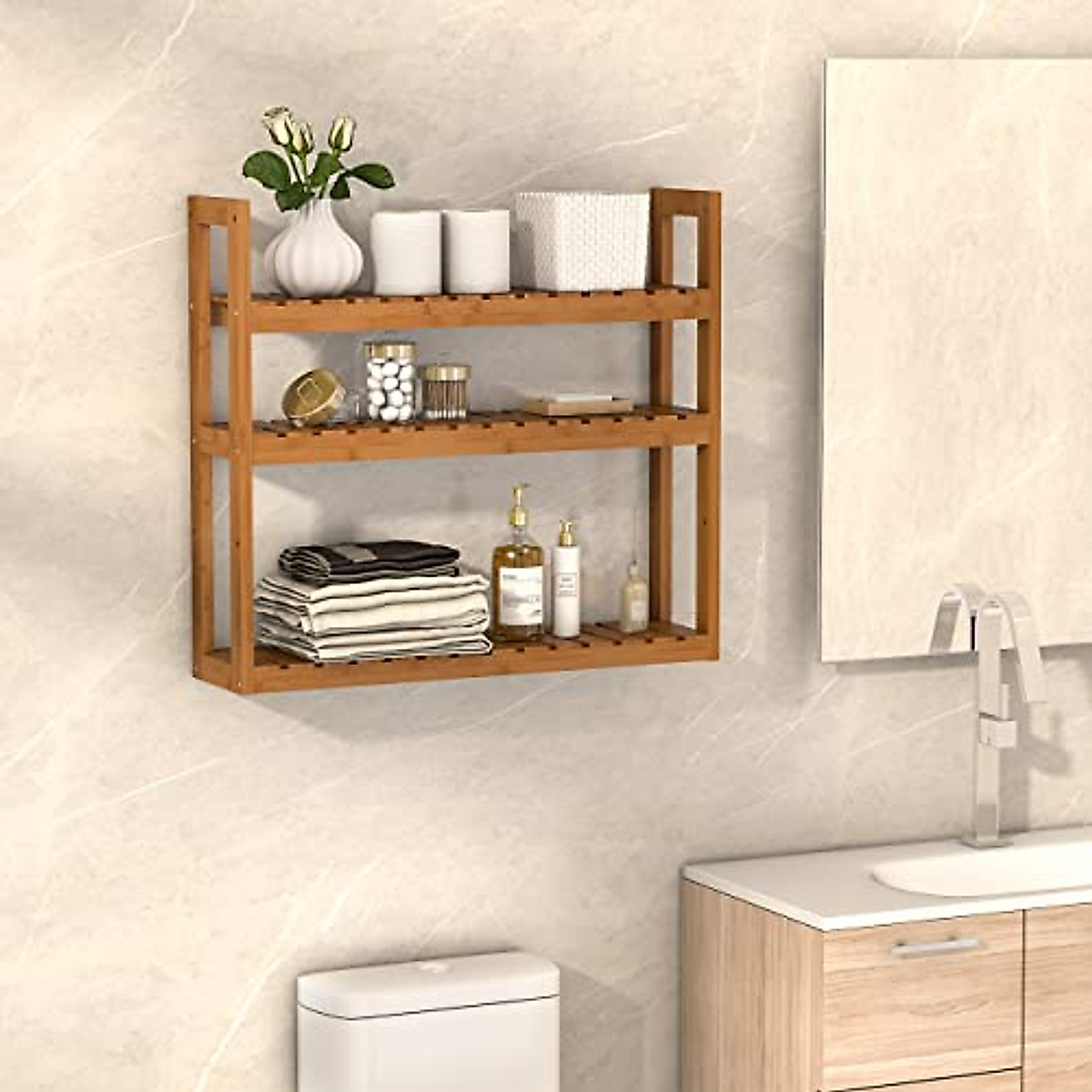 Domax Bamboo Bathroom Shelf 3-Tier Wall Mount Storage Rack Multifunctional Adjustable Layer Free Standing Over Toilet Utility Shelves Living Room Kitchen (Walnut)
