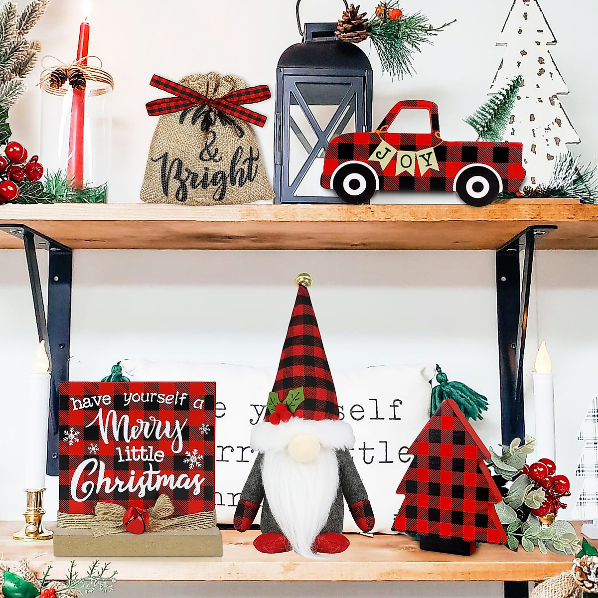 Christmas Tiered Tray Decor Set - Christmas Decorations Indoor, Rustic Farmhouse Wood Bead Garland Buffalo Plaid Gnome Christmas Wooden Sign for Home Kitchen Table Mantel Party Decor
