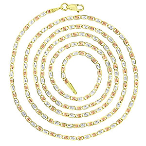 Solid 14K Gold Tricolor 1.85mm Diamond Cut Star Italian Love Chain Anklet, 10 Inches