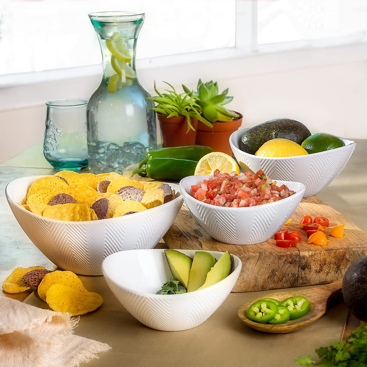 Euro Ceramica Highlands 3 Piece Porcelain Serving Bowls Set, Modern Chevron Texture, White - 40oz, 36oz, and 10oz, Chip Resistant - Nesting - Perfect for salads fruits dips