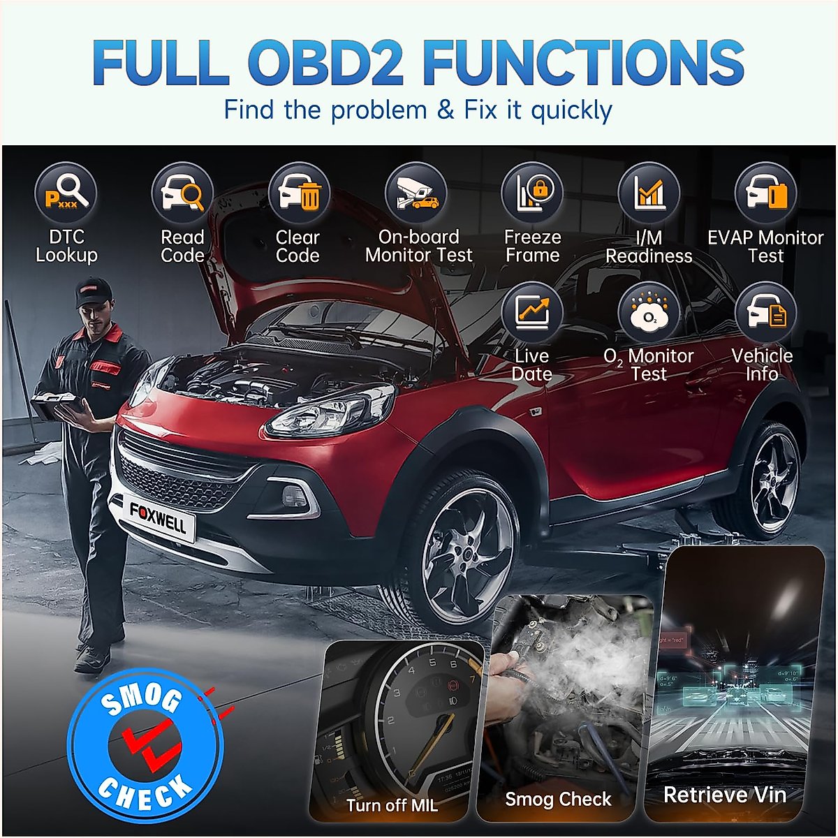 FOXWELL Car Scanner NT624 Elite All System OBD2 Scanner Diagnostic Tool 8 Reset Code Reader ABS/SAS/TPS/Oil/EPB/BRT Scanner for Car Free Update Car Diagnostic Scanner for All Cars with Battery Test