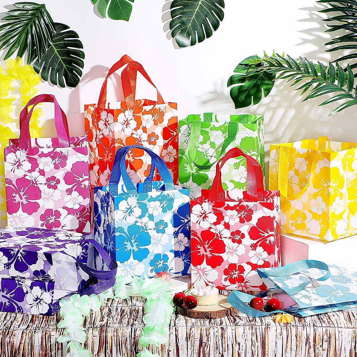 Teling 24 Pcs Hibiscus Party Tote Bags Hawaiian Non Woven Gift Bags with Handles for Tropical Aloha Luau Tiki Summer Party Supplies