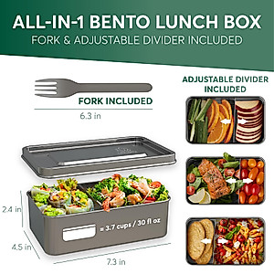 Umami Stainless Steel Bento Box Adult w/Fork & Divider, Microwave Safe (Yes!) & Dishwasher Safe, 100% Leakproof, Large Stainless Steel Metal Lunch Container for Adults