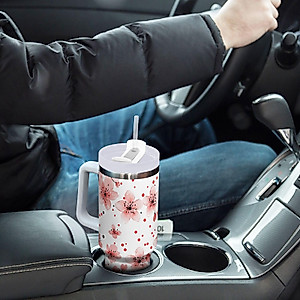 ALAZA Cherry Flowers Dots 40 oz Tumbler Water Bottle with Straw Lid and Handle,Reusable Insulated Stainless Steel Cup for Women Men Travel Car Cup Holder