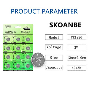 SKOANBE 12PCS 1220 3V Lithium Button Coin Cell CR1220 Battery