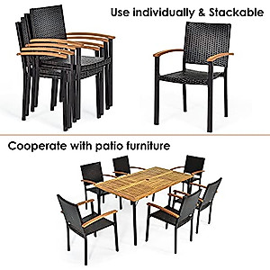 Tangkula 4 Pieces Stackable Patio Rattan Chair, Outdoor PE Wicker Dining Armchair W/Galvanized Steel Frame, Acacia-Topped Armrests, Indoor & Outdoor Wicker Chair for Patio Table, Yard (2, Mix Brown)