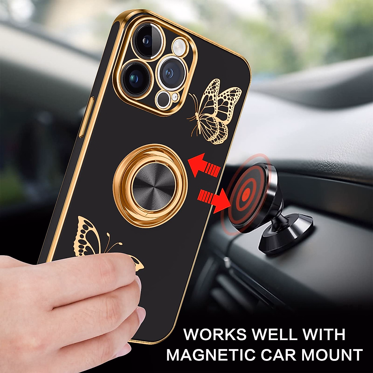 BENTOBEN for iPhone 14 Pro Max Case with Ring Holder, Butterfly Design Women Girl Phone Case Slim Fit Luxury Shockproof Non-Slip Support Car Mount Protective Case for iPhone 14 Pro Max 6.7",Black
