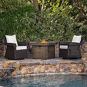 GDF Studio Augusta Patio Furniture ~ 3 Piece Outdoor Wicker Rocking Arm Chair and Propane (Gas) Fire Pit (Table) Set