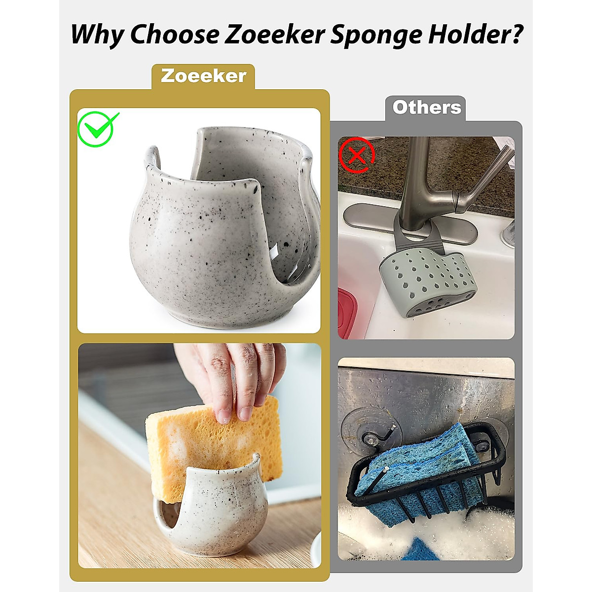 Zoeeker Sponge Holder for Kitchen Sink, Ceramic Dish Sponge Drying Caddy Sponge Rack Kitchen Organizer Cute Kitchen Accessories for Sink Counter, Speckled Glaze