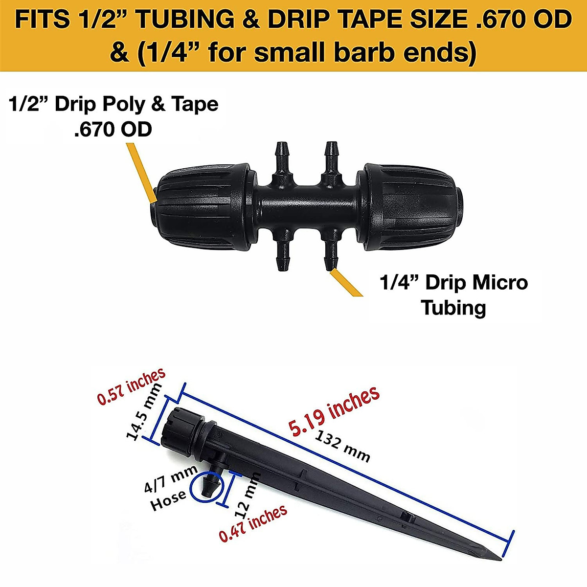 25PCS Drip Irrigation Kits, 5 Barbed Tee 1/2 inch to 1/4 inch Irrigation Tube Variable Diameter Six-Way Adapter and 20 Dripper Emitters Sprayer for 4mm/7mm Hose with Stake Water Flow Adjustable