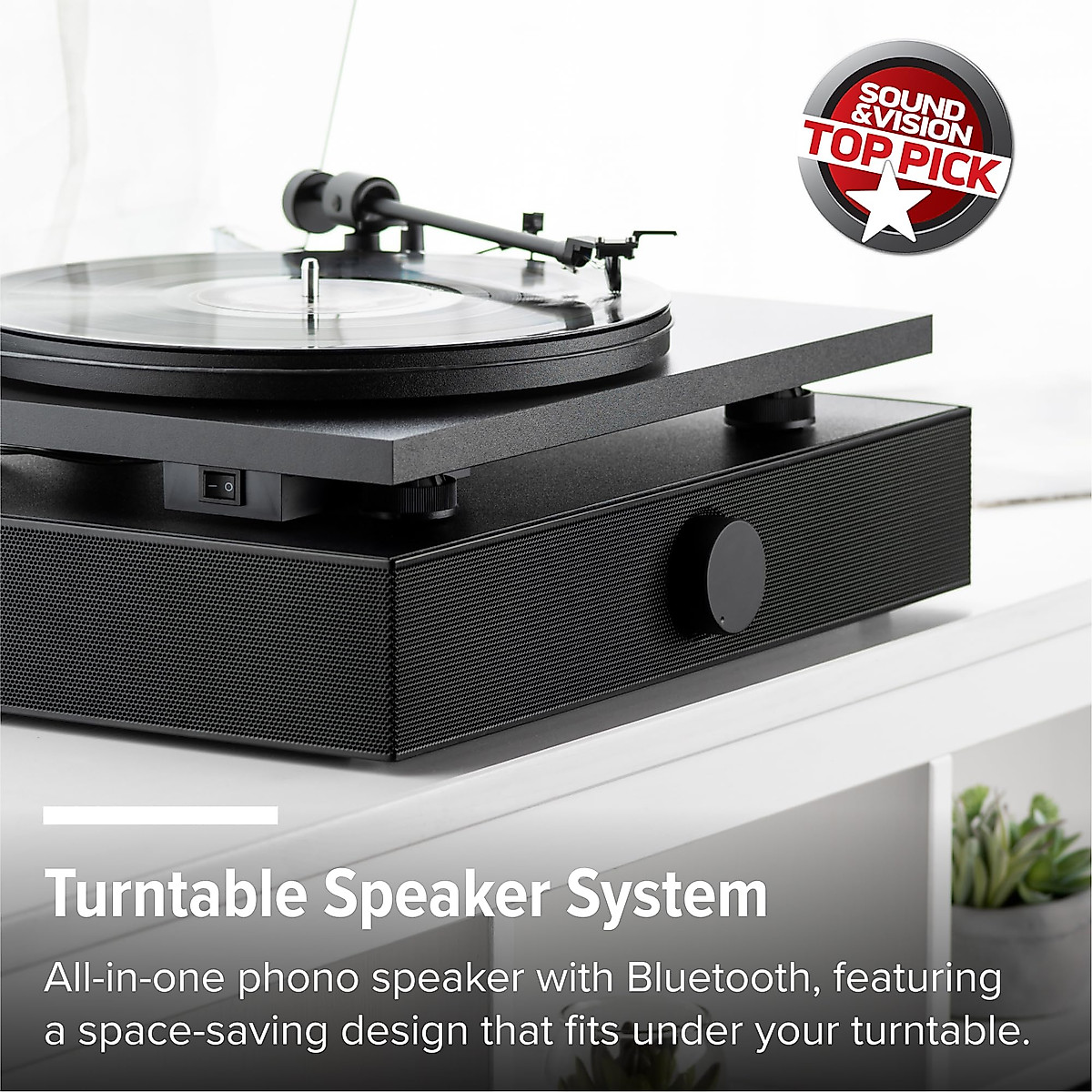 Andover Audio Spinbase Speaker System Designed for Turntables; Phono Input, Bluetooth, aux-in, Bass and Treble Control, ISOGroove Anti-Feedback - (Black)
