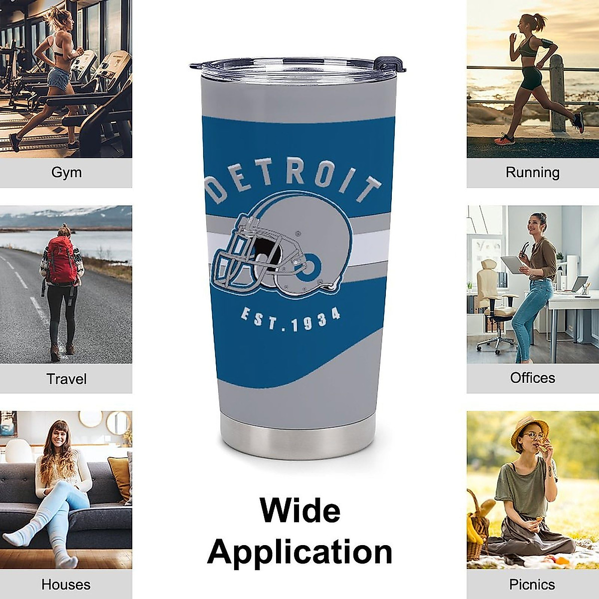 Custom Detroit Tumbler 20oz Stainless Steel with Lid & Straw Personalized Football Fans Gifts for Women Men Coffee Travel Insulated Mug Cup Add Name Number