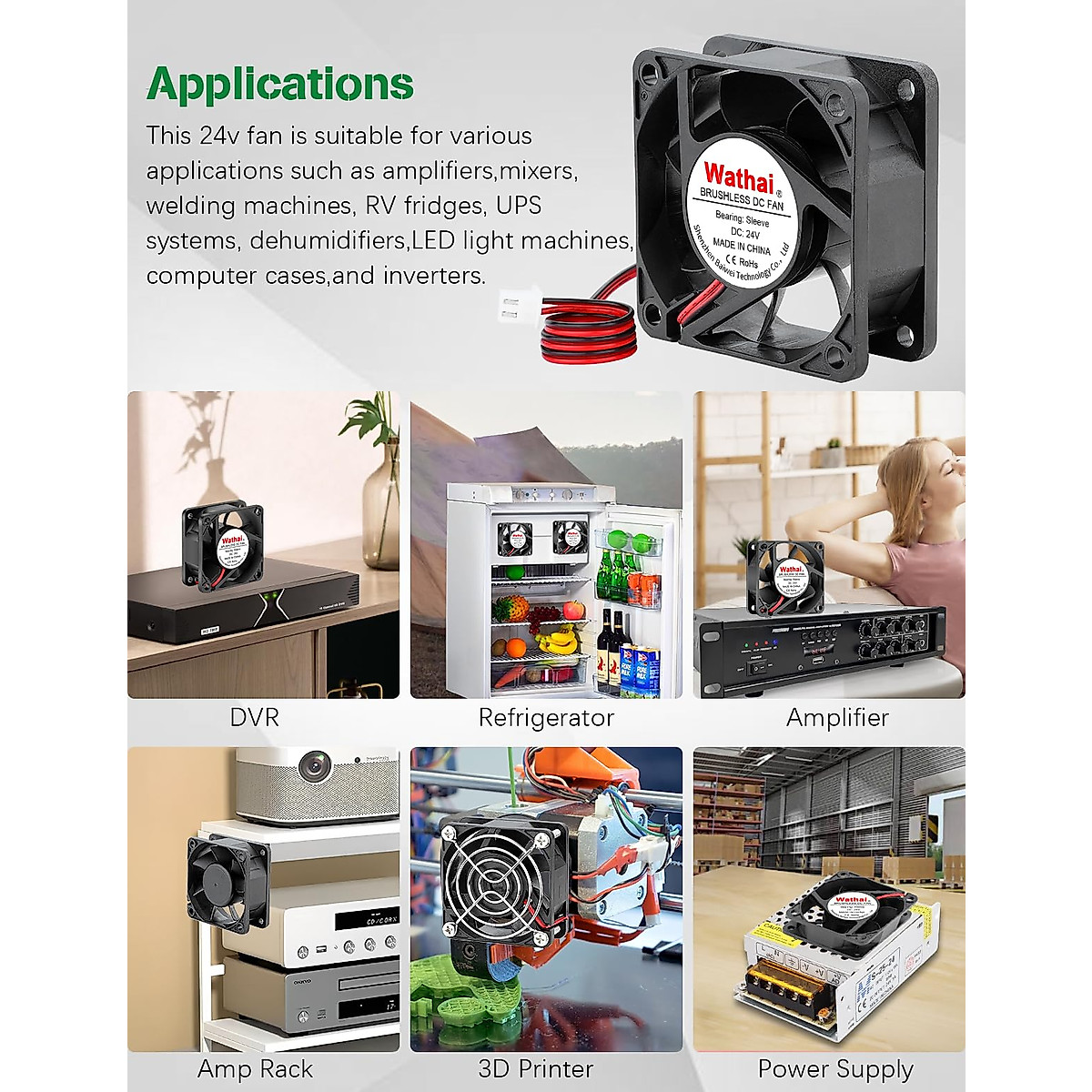 Wathai 60mm x 25mm 24V Case Fan 2Pin DC Brushless for DIY Exhaust Cooling Project
