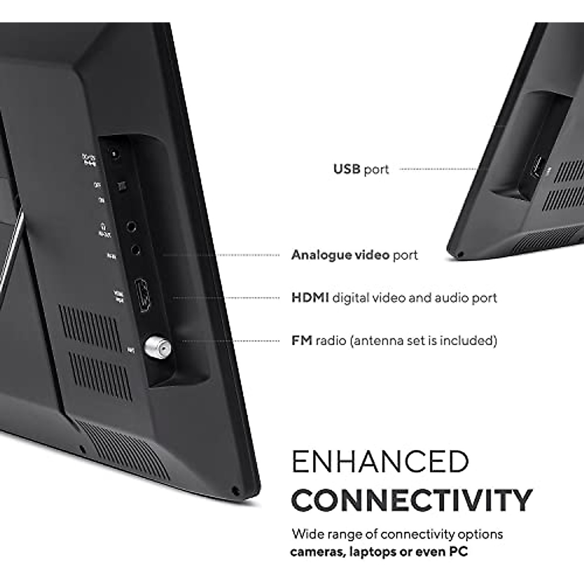 Tyler 16" Portable TV LCD Monitor Battery Powered Wireless Capability HD-TV, HDMI, USB, RCA, AC/DC, FM Radio, Car Charger, Remote Control, Built in Stand Small Mini for Car & Traveling