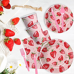 YJRJSC Strawberry Party Decorations Tableware - Strawberry Birthday Party Supplies, Paper Plate, Cup, Napkin, Tablecloth, Disposable Cutlery, Berry Sweet Birthday Baby Shower Decorations | Serve 24