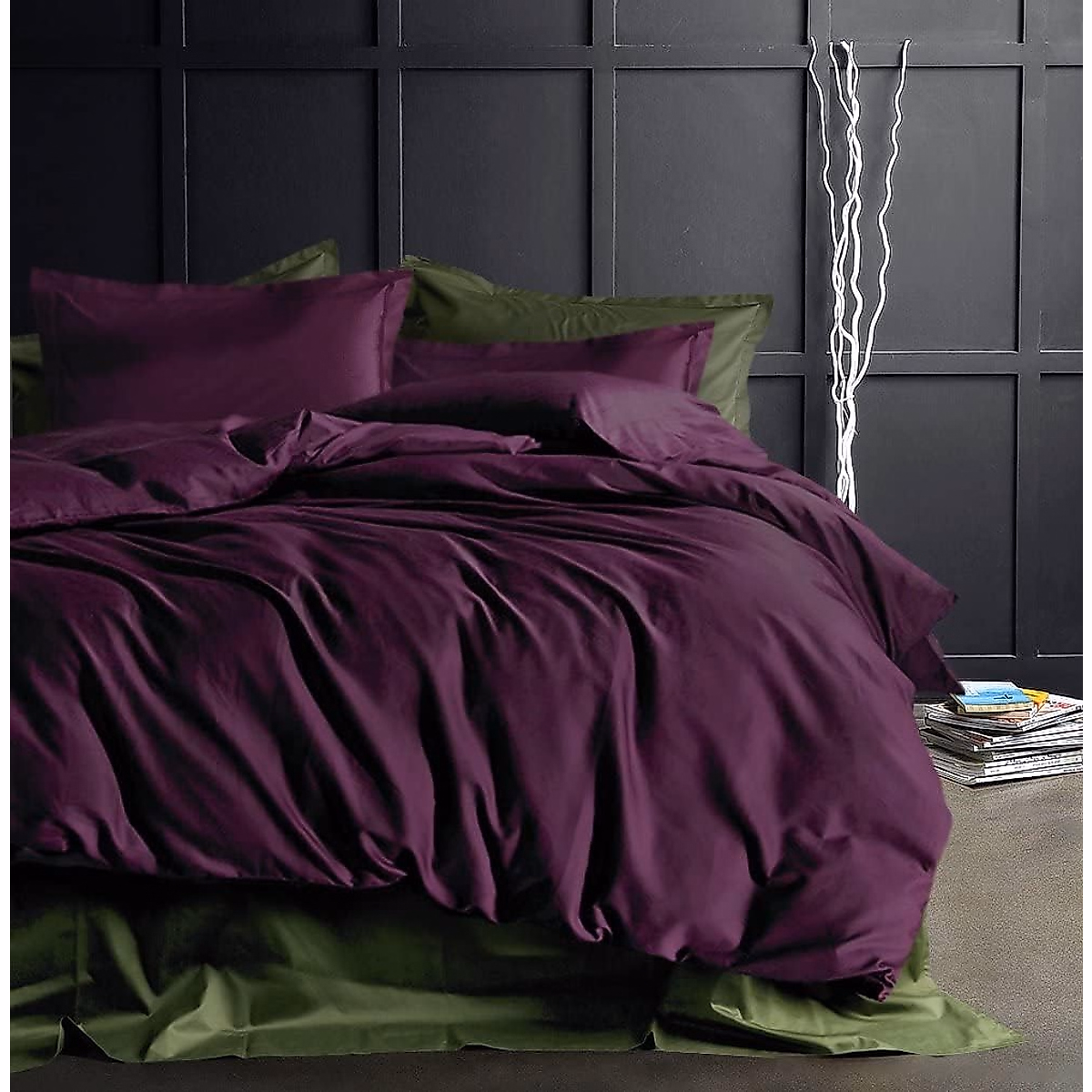 Eikei Solid Color Duvet Cover Luxury Bedding Set 400 Thread Count Egyptian Cotton Long Staple Sateen Weave Breathable Silky Soft Pima Premium Quality Bed Linen (Deep Plum, Queen)