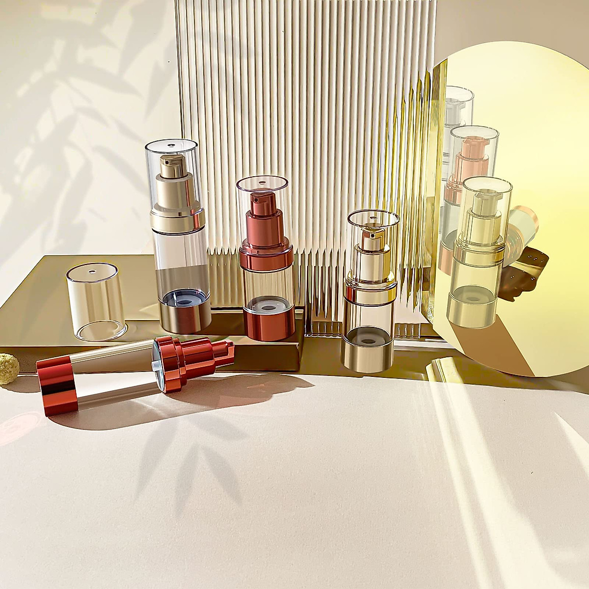 Lil Ray 1 Oz Refillable Airless Pump Bottle, Empty Travel Lotion Container, Plastic Cosmetic Dispenser for Liquid foundation, Lotion, Essential oil, Shampoo (6PCS,Light Gold)