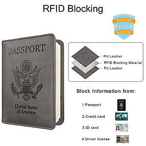 WALNEW Passport Holder Wallet, RFID Blocking Passport Cover Case PU leather Card Holder with Pen and Clear Card Slot for Women Men, Gray