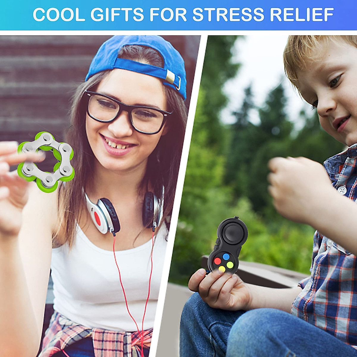 Cool Pop Fidget Toys Set, Fidget Pad Controller, Infintiy Cube, Pop Bubble, Sprocket Chain Gadget, Sensory Anti Anxiety Stress Relief Silicone Desk Toys,Party Favours Gifts for Kids Adults (4 Pack)