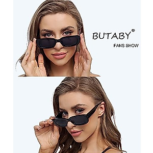 BUTABY Rectangle Sunglasses for Women Retro Driving Glasses 90’s Vintage Fashion Narrow Square Frame UV400 Protection Black & Leopard