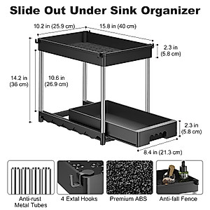 DUSASA Under Sink Organizer and Storage with Sliding Drawer, 2 Tier Black Plastic Cabinet Basket Organizer with Hooks, Under Cabinet Storage for Bathroom Kitchen