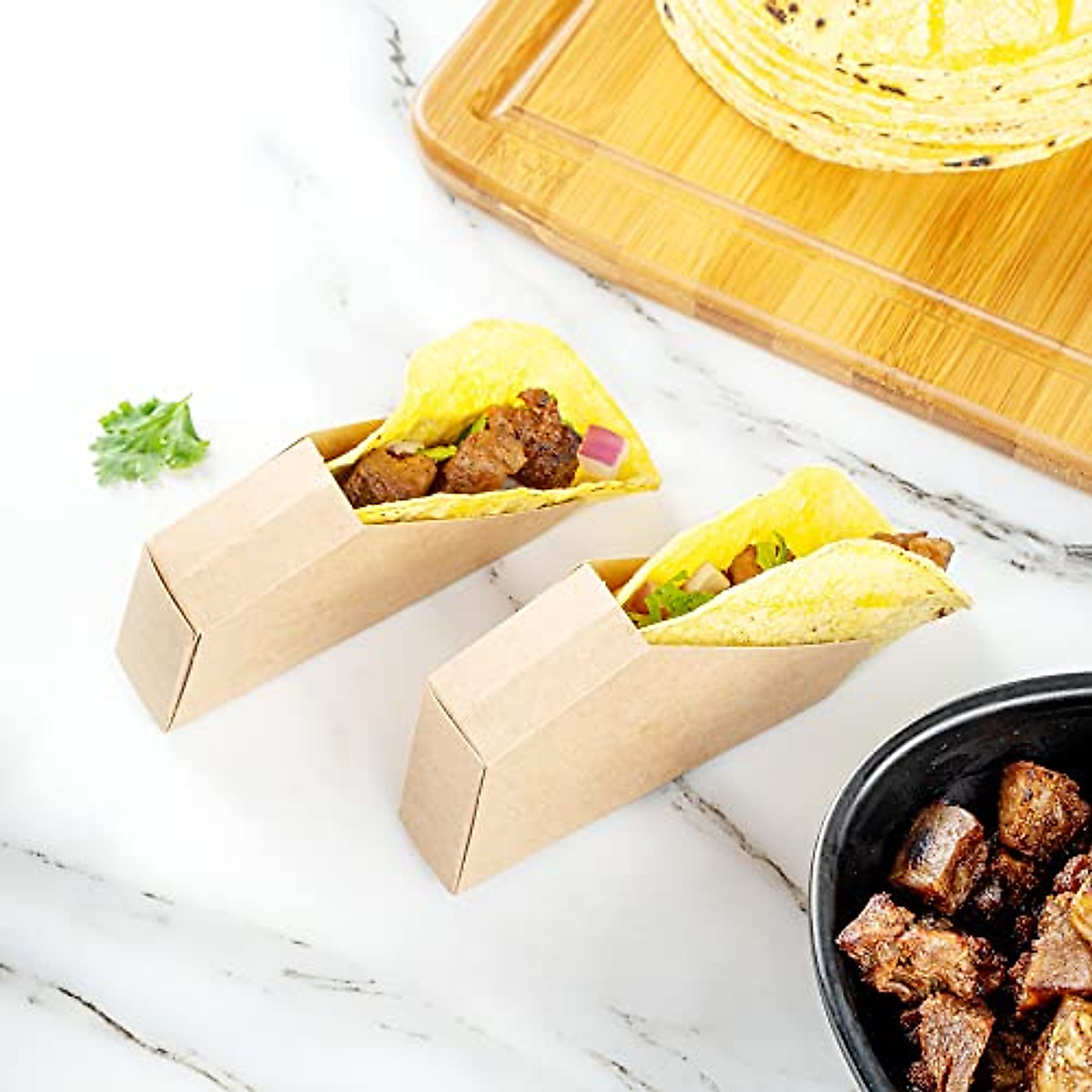 Restaurantware Bio Tek Kraft Paper Small Taco Holder - Greaseproof - 4" x 1 1/4" x 2 1/4" - 200 count box