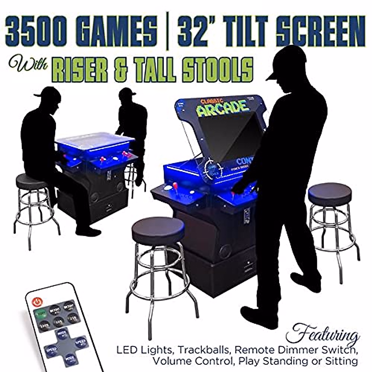 Creative Arcades Full Size Commercial Grade Cocktail Arcade Machine w/Riser | 2 Player | 3500 Games | 32" LCD Lifting Screen | LED | 4 Sanwa Joysticks | Trackball | 2 Stools | 3 Year Warranty