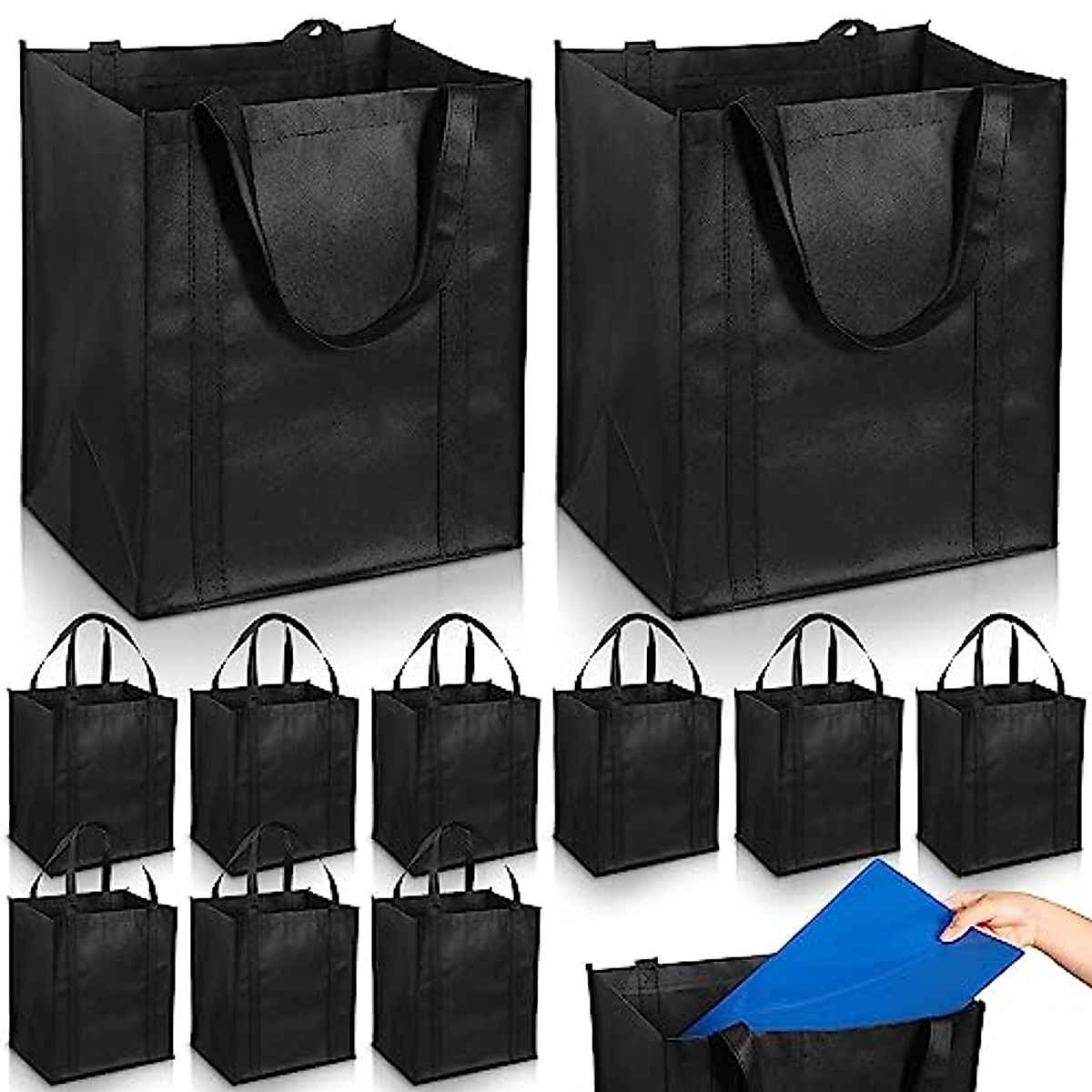 16 Pcs Reusable Grocery Bags Large Foldable Shopping Bags Non Woven Reusable Bags for Groceries Heavy Duty Grocery Tote Bags with Reinforced Handles and Sturdy Bottom, Black