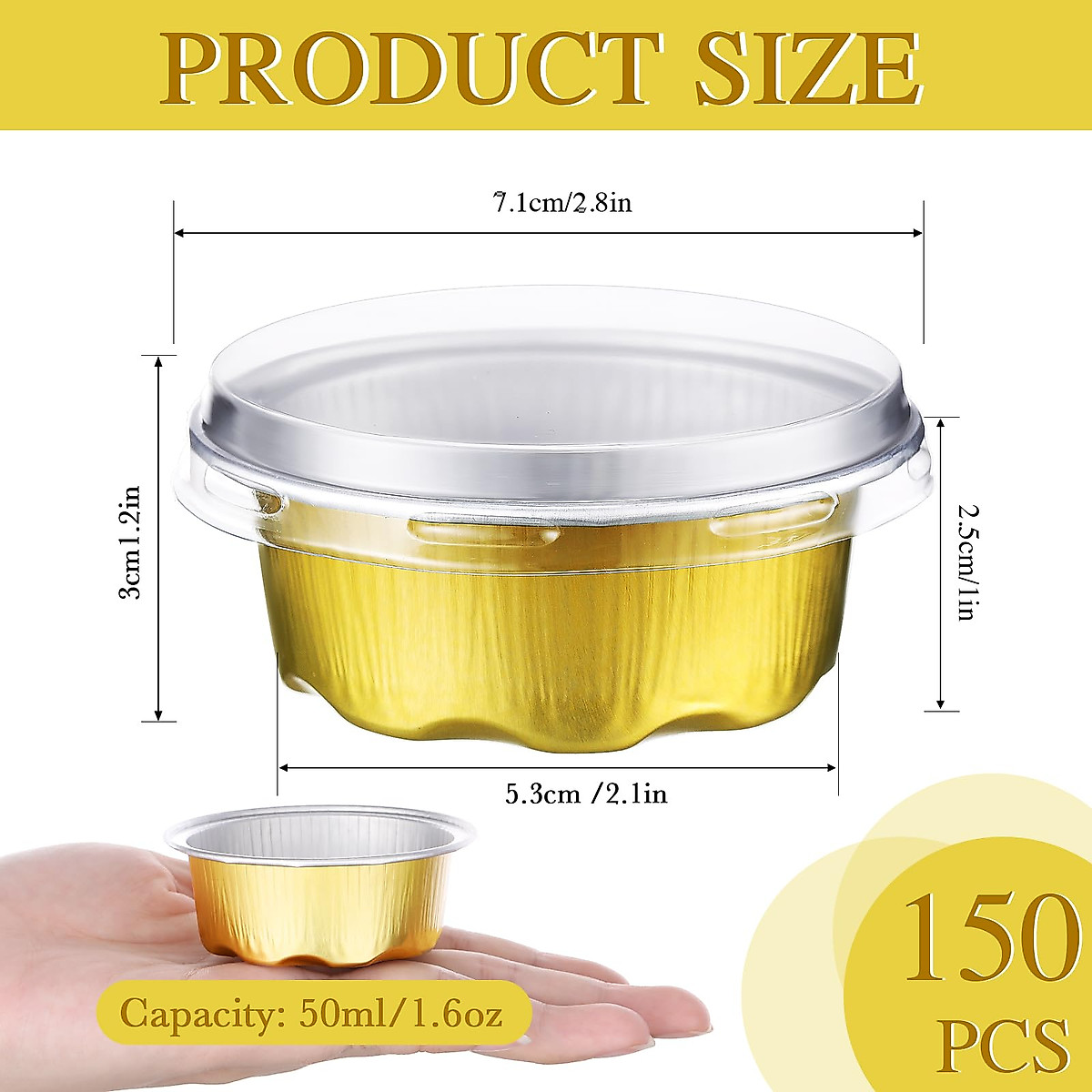 150 Pcs Baking Cups with Lids, 1.6 oz Muffin Cupcake Liners Aluminum Foil Mini Cake Pans Small Disposable Ramekins Flan Containers with Lids for Weddings, Birthday, Various Holiday (Gold)