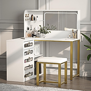 DWVO Vanity Desk with Drawers & LED Lighted Mirror 3 Lighting Mode & 48" L Shaped Corner White Vanity Set with Stool, 5 Acrylic Drawer Cabinet, Stylish Bedroom Makeup Table Set, White