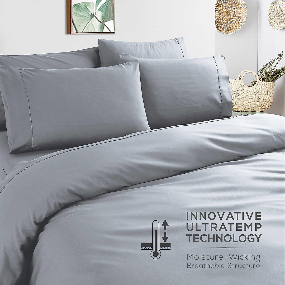 Mueller Ultratemp Bed Sheets Set, Super Soft 1800 Thread Count Egyptian 18-24 Inch Deep Pocket Sheets, Transfers Heat, Breathes Better, Hypoallergenic, Wrinkle, 6Pc, Light Gray Queen