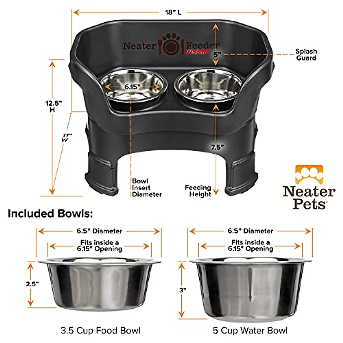 Neater Feeder Deluxe with Leg Extensions for Medium Dogs - Mess Proof Pet Feeder with Stainless Steel Food & Water Bowls - Drip Proof, Non-Tip, and Non-Slip - Midnight Black