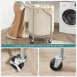 SONGMICS Laundry Basket with Wheels, Rolling Laundry Hamper, Round Laundry Cart with Steel Frame and Removable Bag, 4 Casters and 2 Brakes, Cream and Silver URLS01MZ