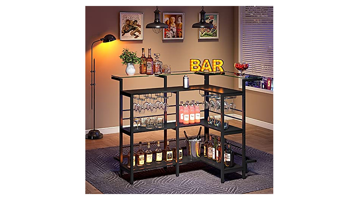 Tribesigns L Shaped Home Bar Unit with Glass Top
