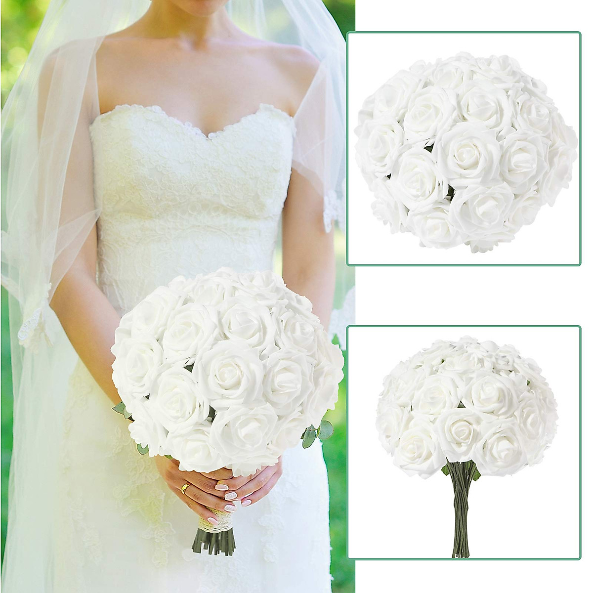 EZFLOWERY Artificial Roses Flowers 25pcs Real Looking Fake Roses w/Stem for DIY Wedding Bouquets Centerpieces Arrangements Bridal Shower Party Home Decorations (White)