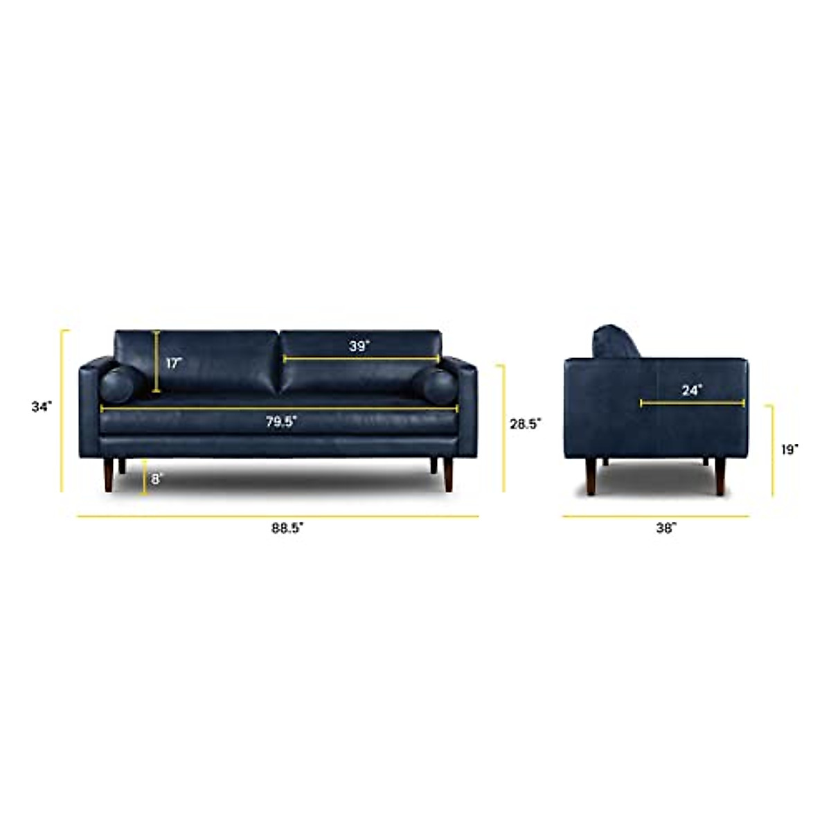 POLY & BARK Napa 88.5" Sofa Full-Grain Semi-Aniline Italian Tanned Leather in Midnight Blue